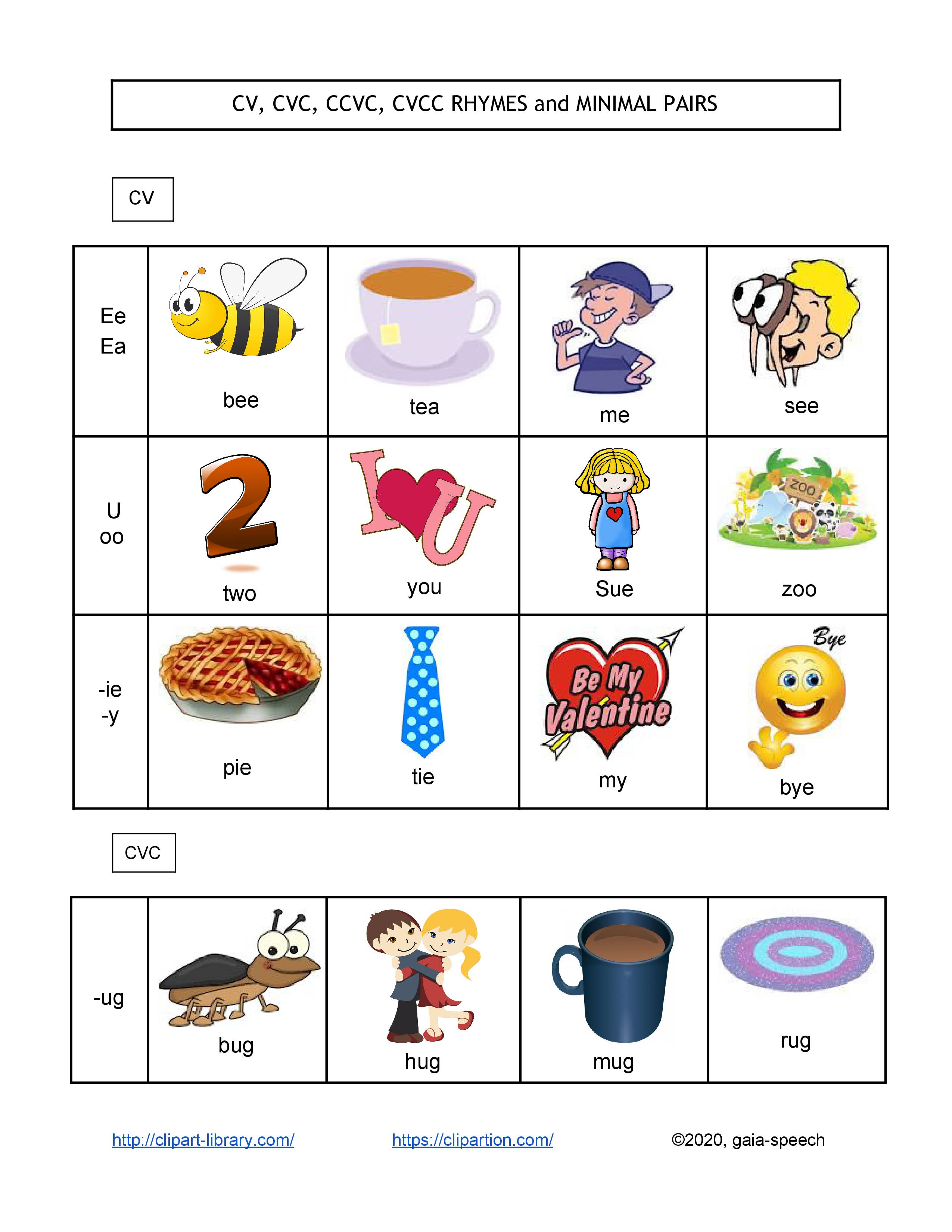 CV, CVC, CCVC, CVCC RHYMES and MINIMAL PAIRS - pdf - by Gaia Speech - TrE