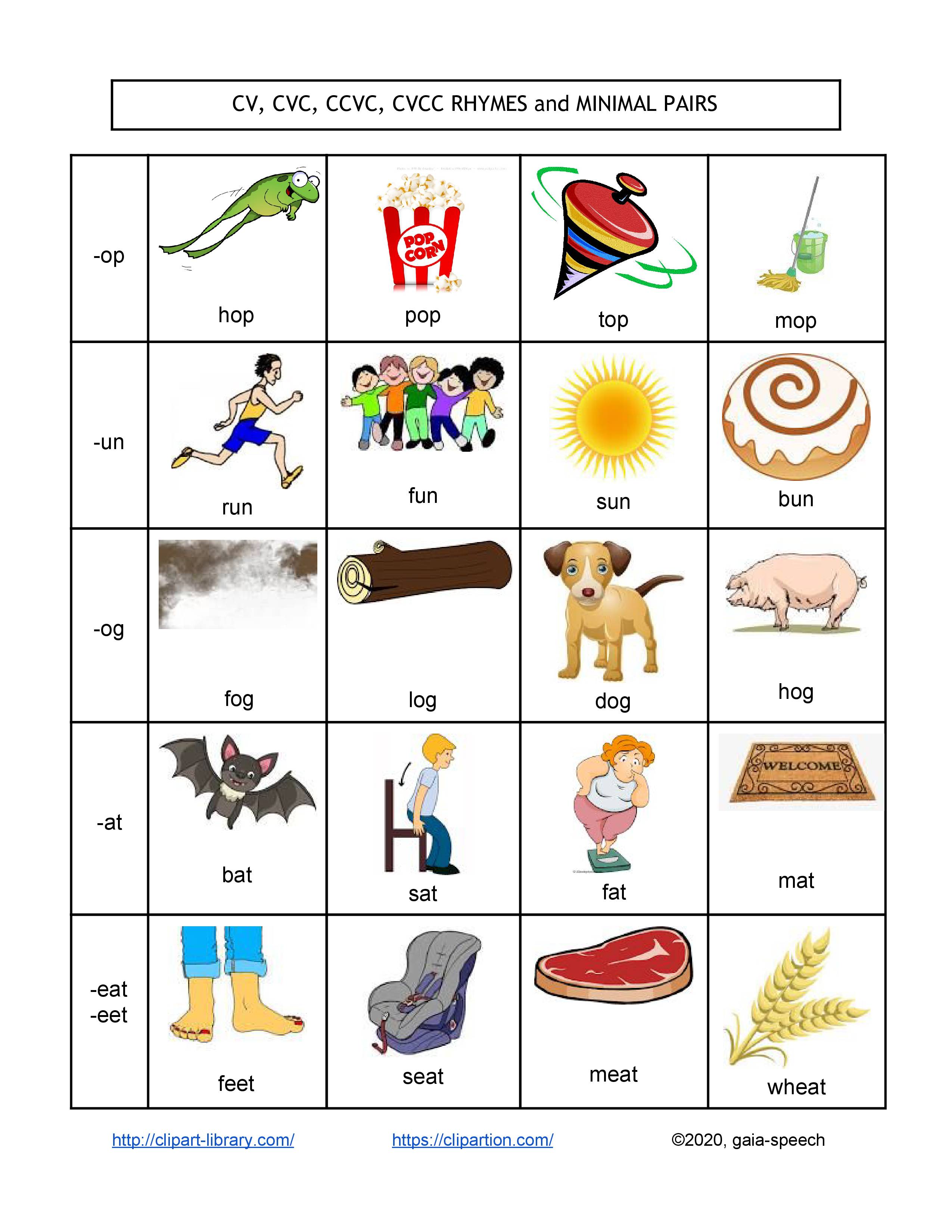 CV, CVC, CCVC, CVCC RHYMES and MINIMAL PAIRS - pdf - by Gaia Speech - TrE