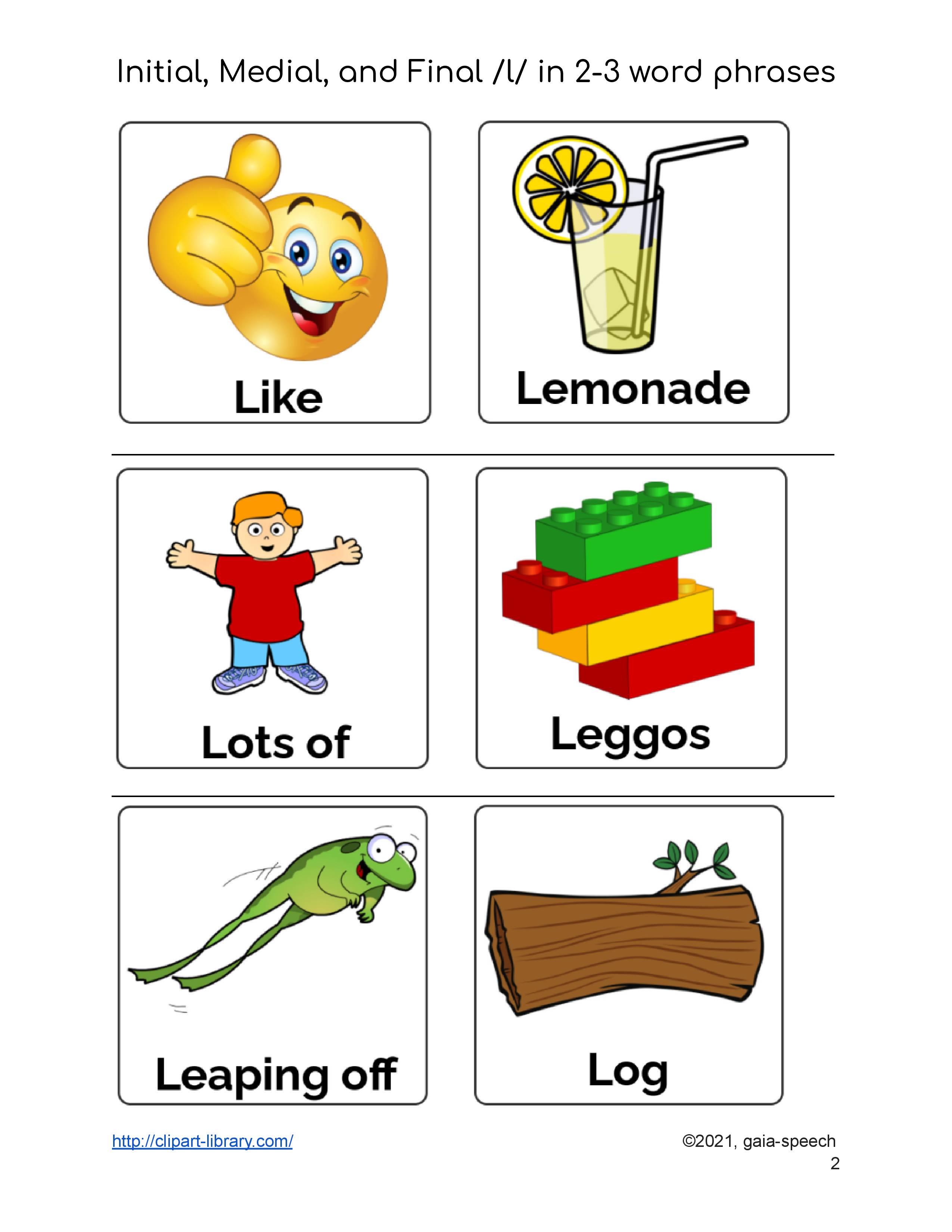Initial, Medial, and Final /l/ in 2-3 word phrases - pdf - by Gaia ...