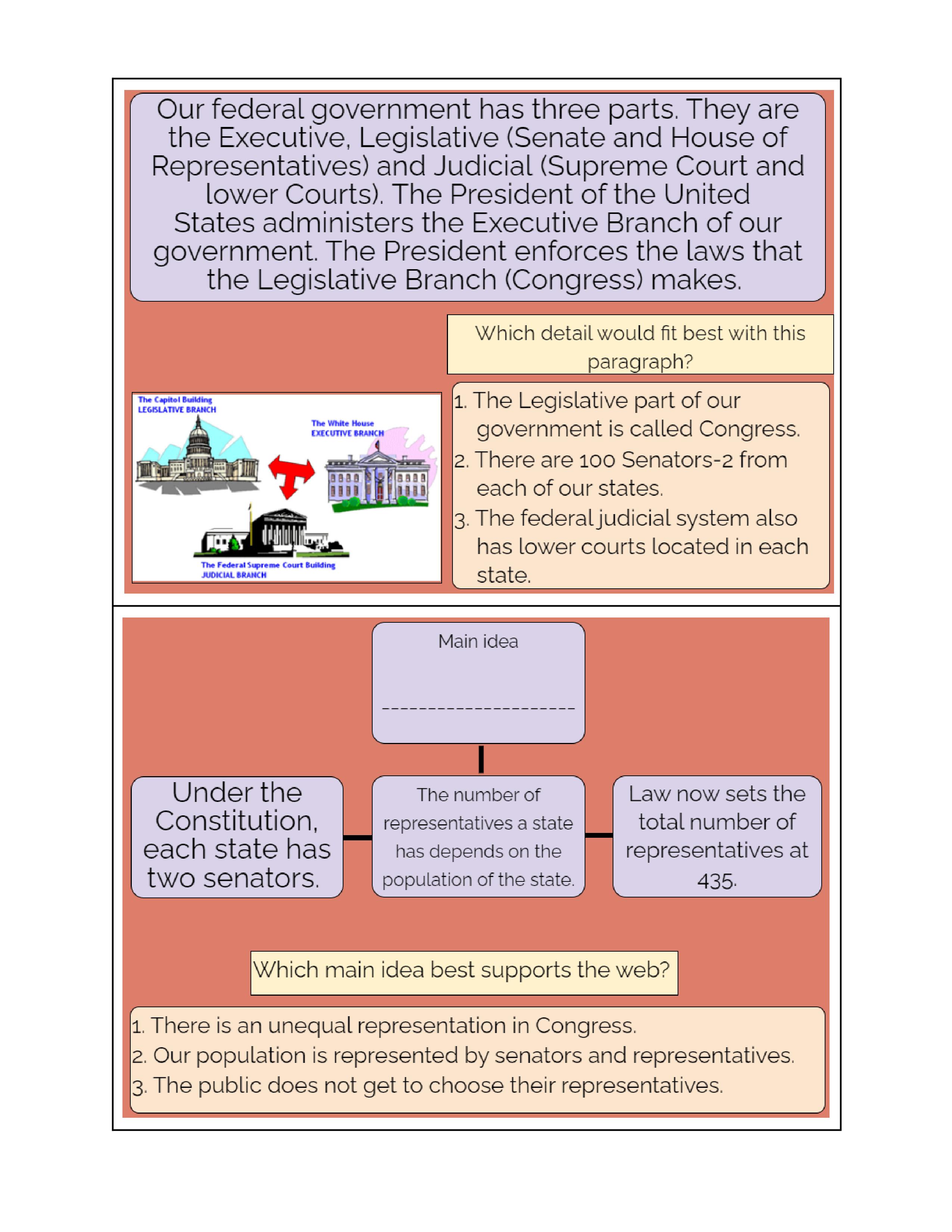 Branches of Gov. and Bill of Rights: Main Idea, Inference, Details ...