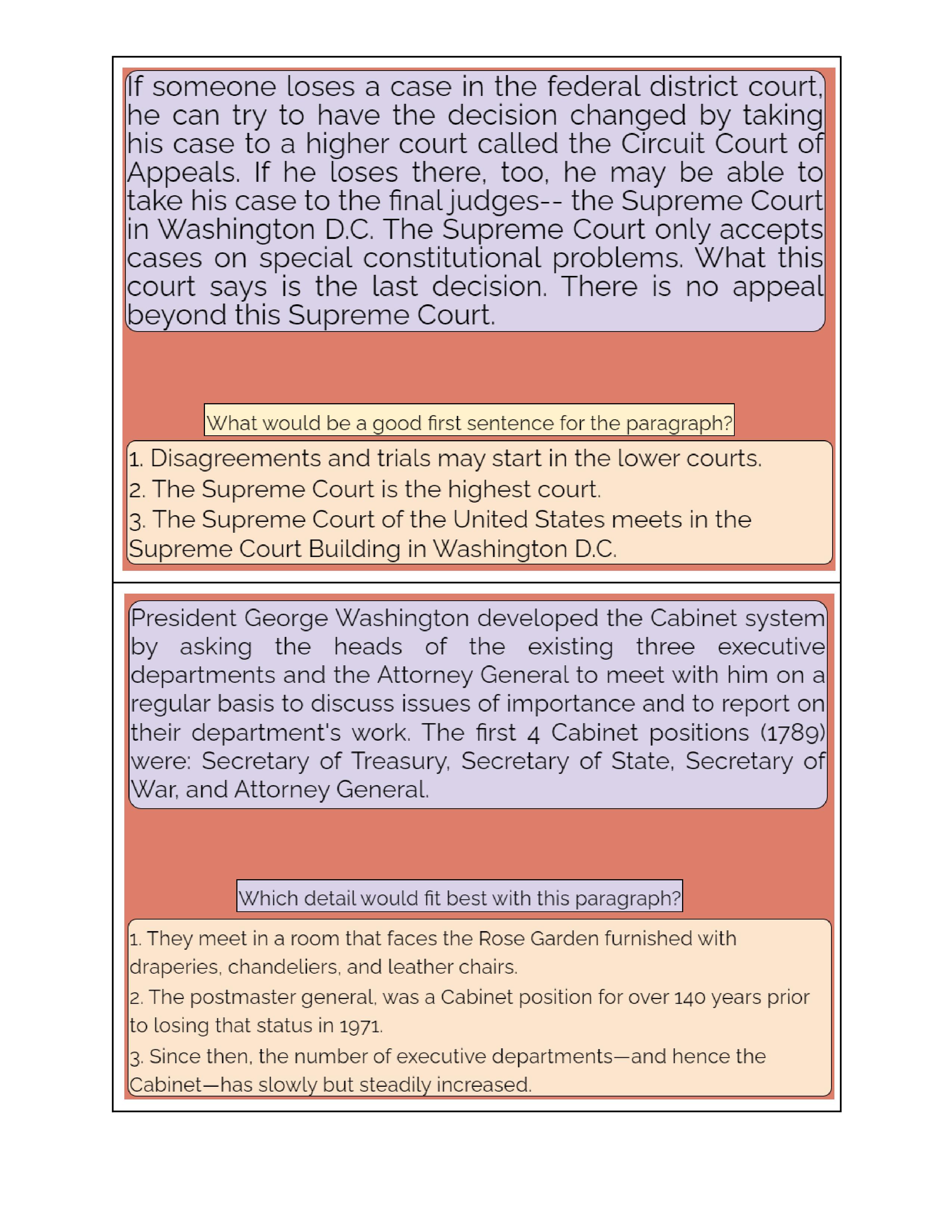 Branches of Gov. and Bill of Rights: Main Idea, Inference, Details ...