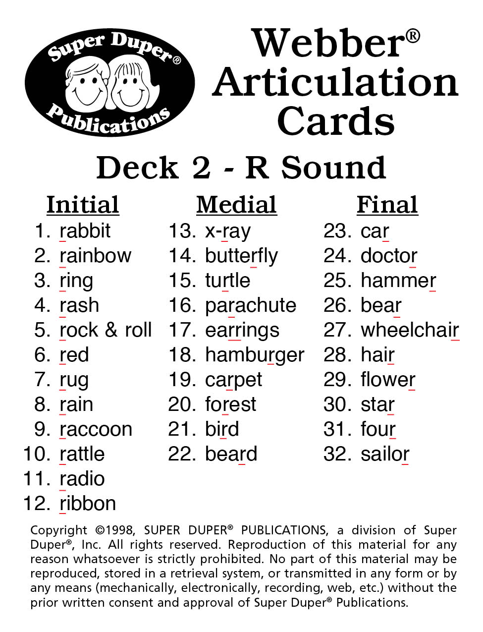 Webber Articulation Cards - R - cards - by Super Duper Publications - TrE