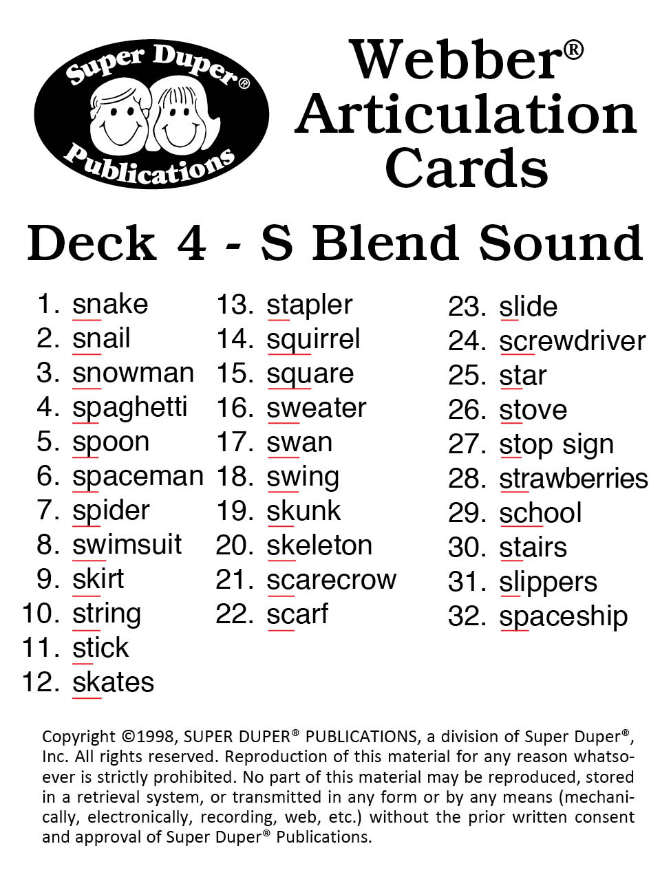 Webber Articulation Cards - S Blends - cards - by Super Duper ...