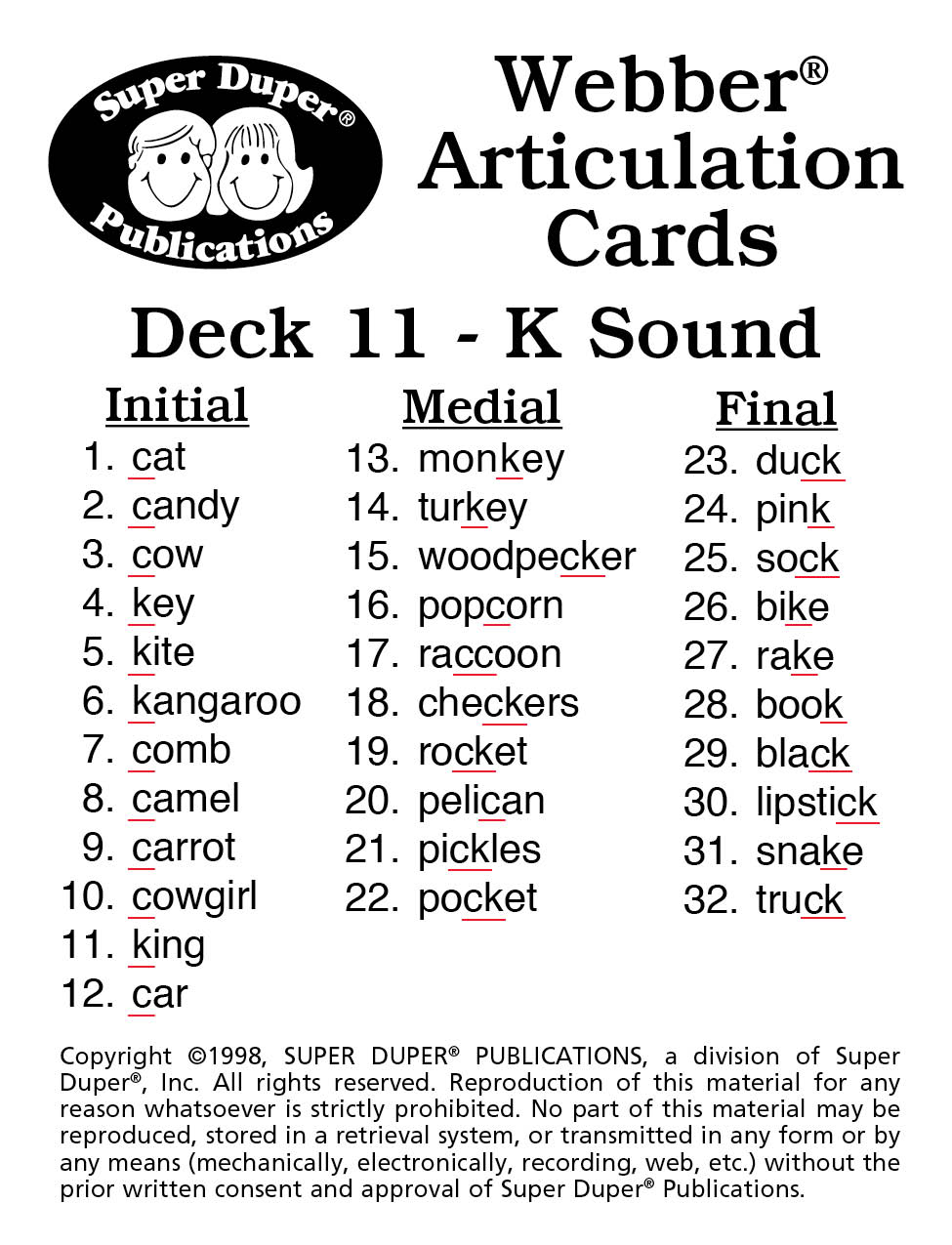 Webber Articulation Cards - K - cards - by Super Duper Publications - TrE
