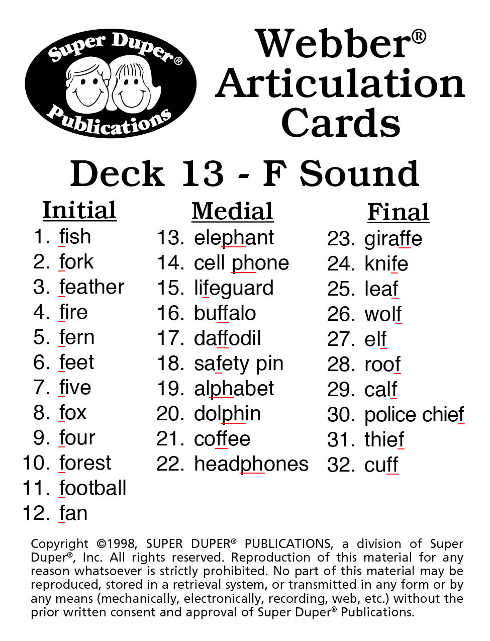 Webber Articulation Cards - F - cards - by Super Duper Publications - TrE